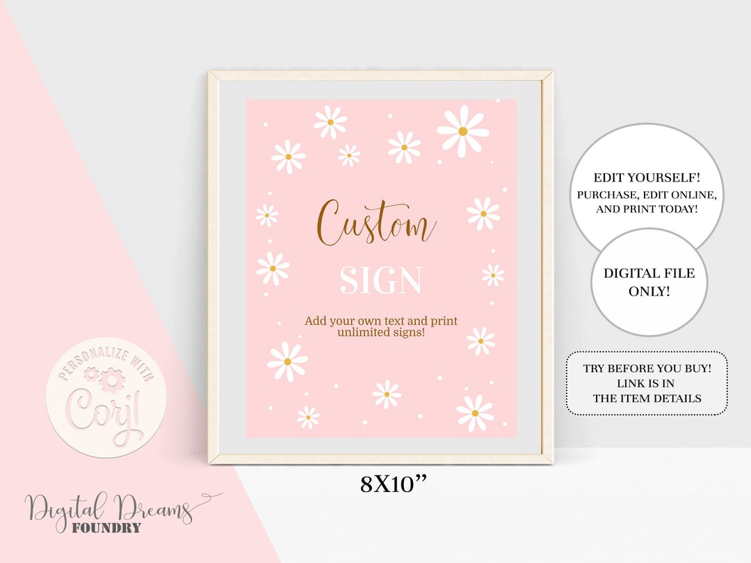 Editable Retro Pink Daisy Custom Sign, Printable Boho Daisy Baby Shower ...