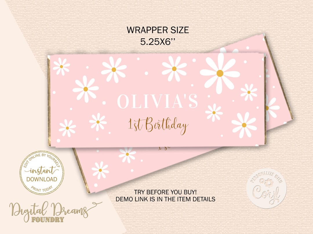 Editable Boho Daisy Chocolate Bar Wrapper, Daisy Candy Bar Wrapper ...