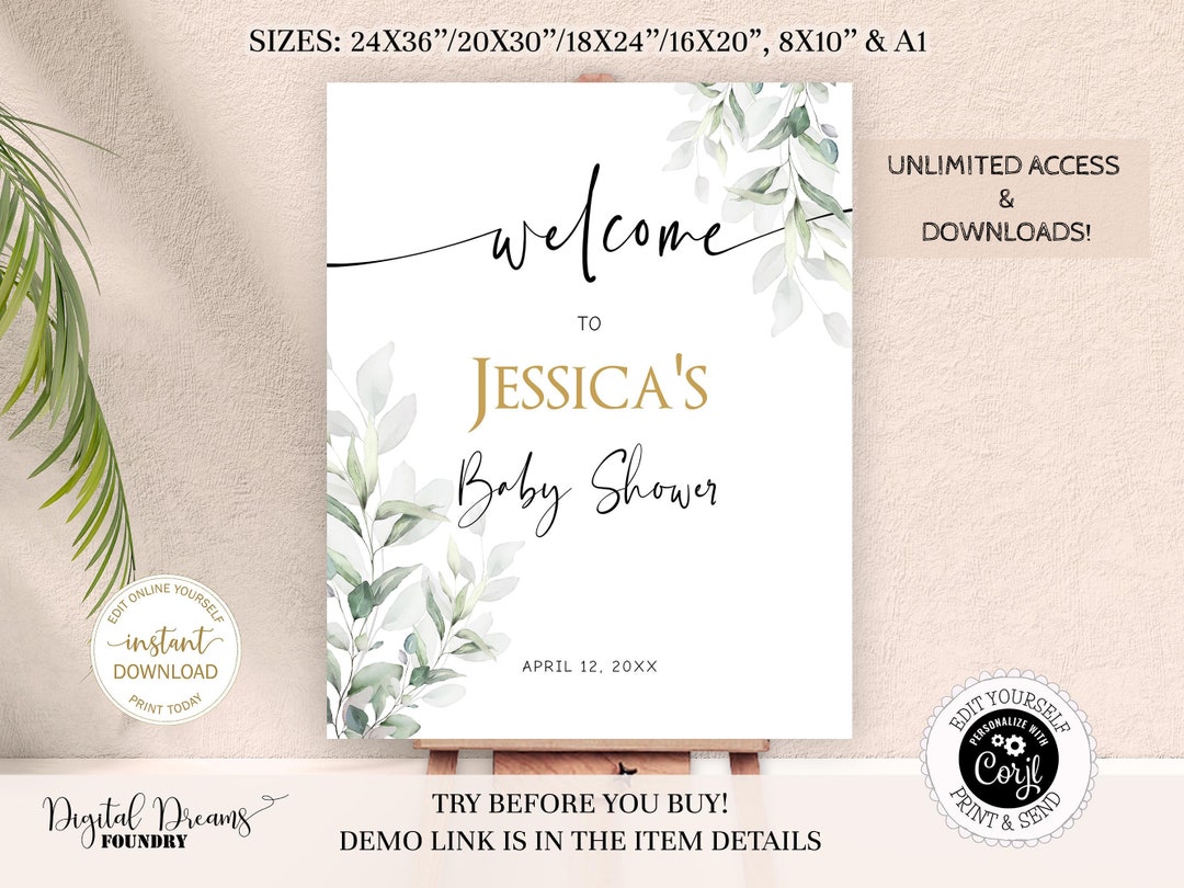 Editable Eucalyptus Greenery Baby Shower Welcome Sign, Boho Baby Shower ...
