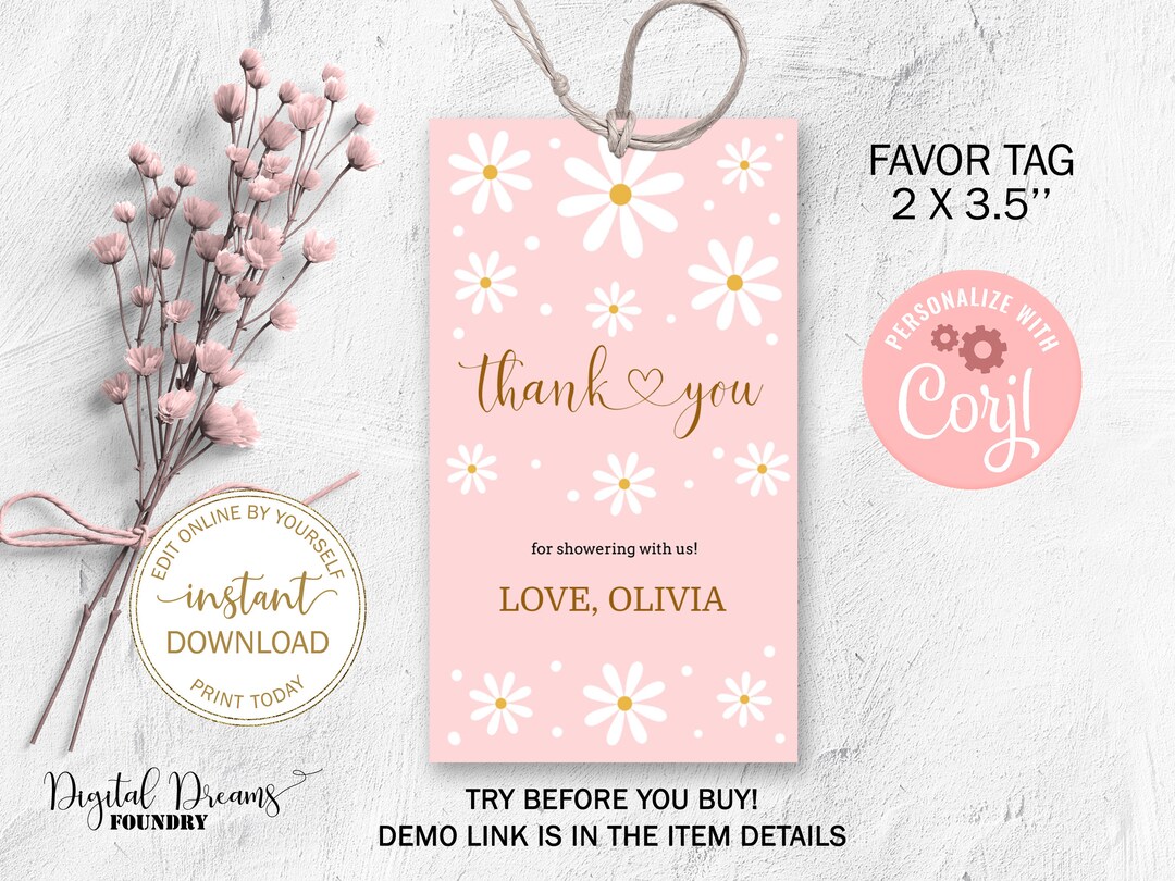 Editable Boho Daisy Favor Tag, Retro Daisy Thank You Tag, Printable ...