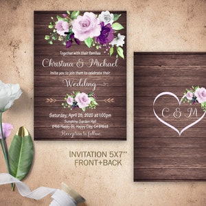 Rustic Purple Floral Wedding Invitation Editable Template, Boho Wedding ...