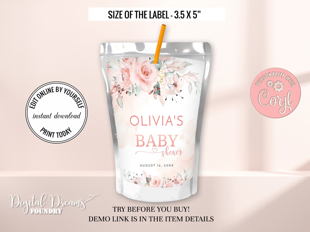 Editable Blush Pink Floral Juice Box Label, Boho Pink Floral Baby ...