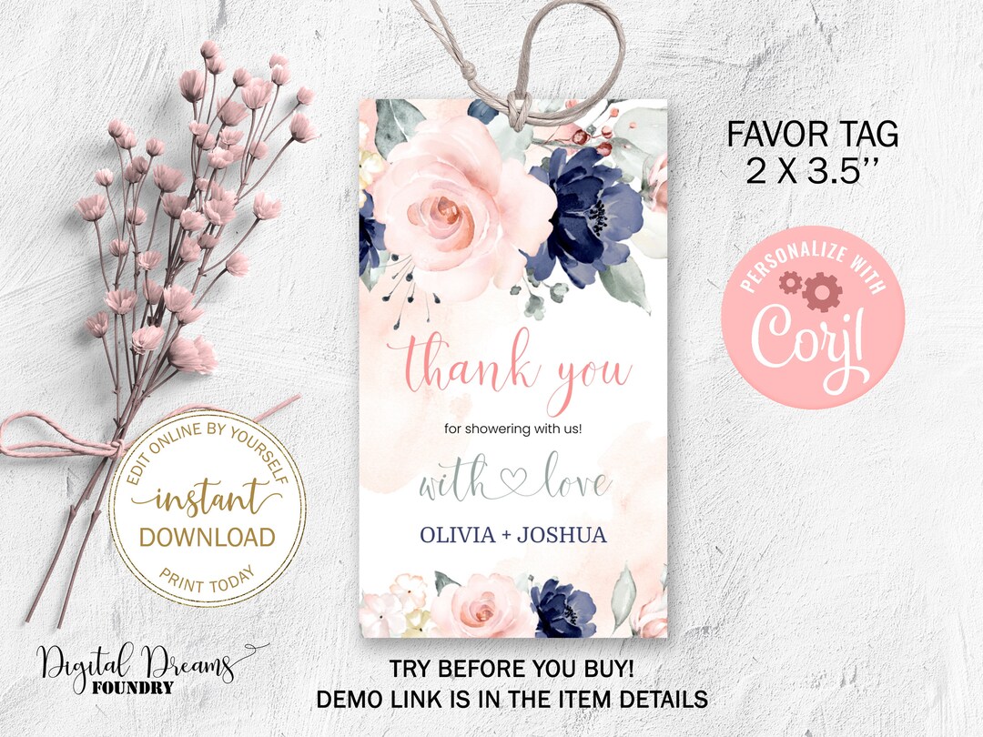 Editable Blush Pink & Navy Blue Floral Favor Tag, Boho Gift Tag, Baby ...