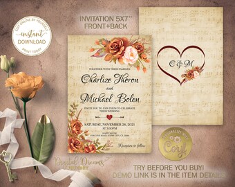 Orange Floral Wedding Invitation Editable Template Rustic | Etsy