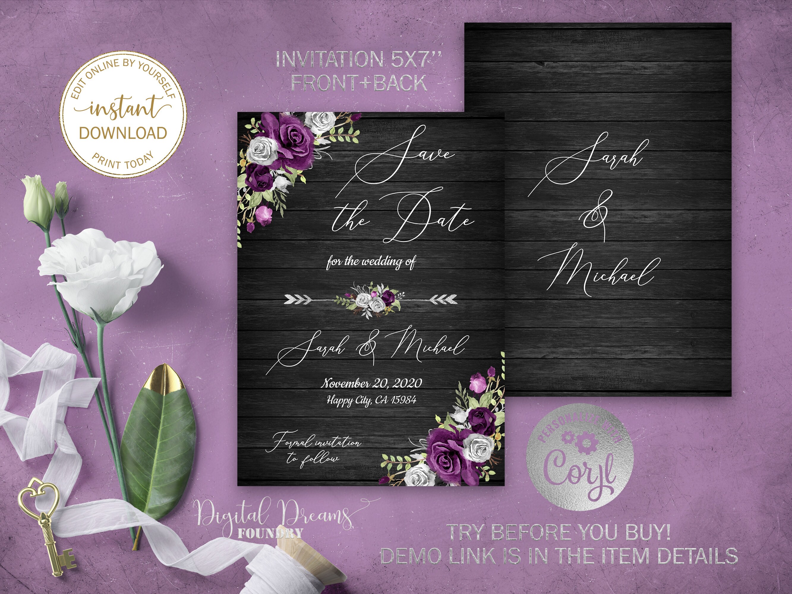 Editable Template Purple Save the Date Invitation Printable | Etsy