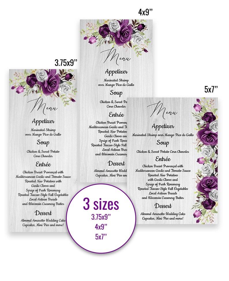 Editable Template Menu Card Purple Floral Table Decoration - Etsy