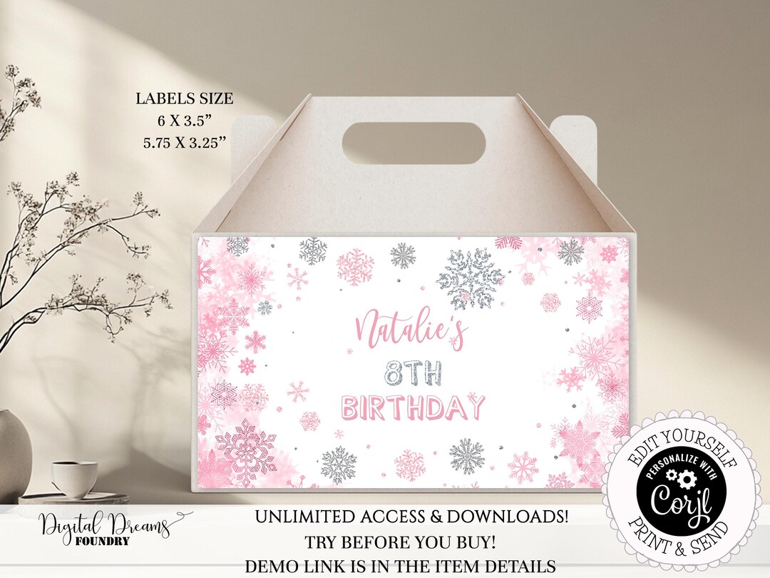 Editable Silver Pink Snowflake Gable Box Label, Winter Wonderland Gift ...