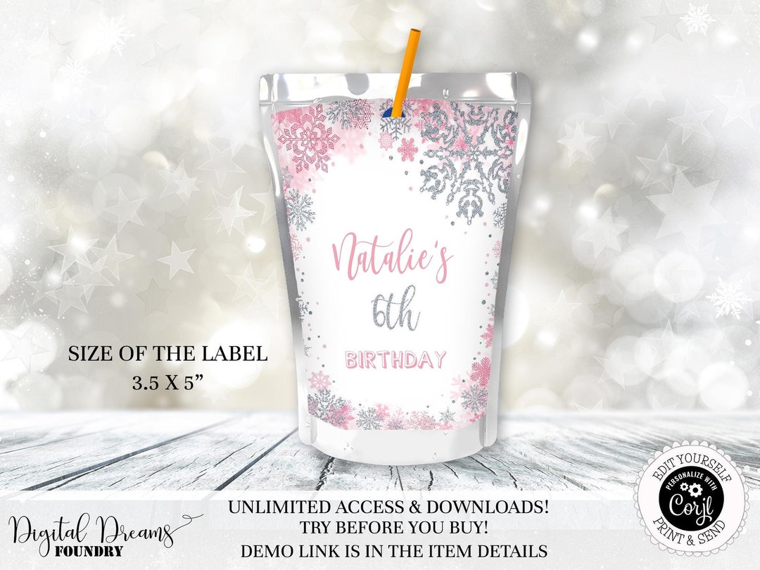 Editable Silver Pink Snowflake Juice Label, Winter Wonderland Juice ...