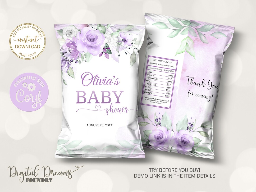 Editable Lavender Chip Bag Wrapper, Purple Floral Baby Shower Chips ...
