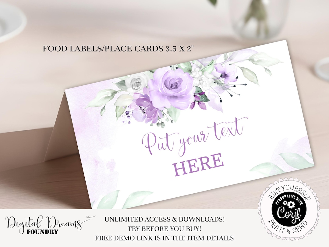Editable Purple Floral Food Cards, Lavender Floral Party Food ...