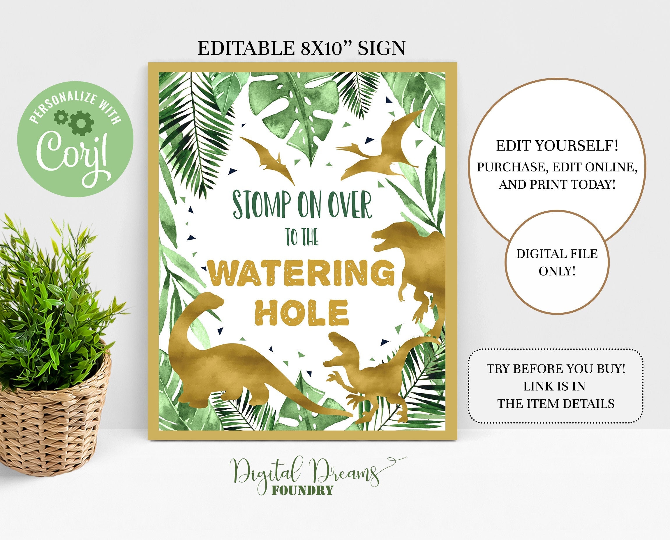 Dinosaur Watering Hole Sign Birthday Party Decor Editable | Etsy