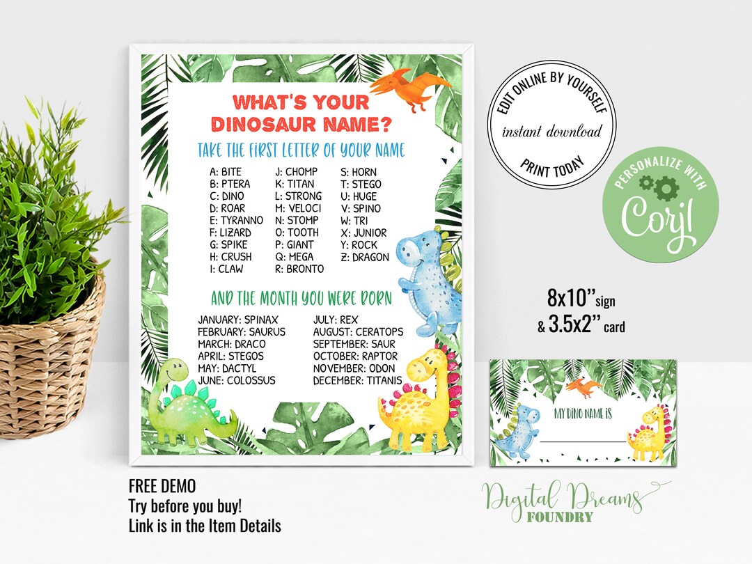 What's Your Dinoasur Name Game, Editable Colorful Dinosaur Birthday ...