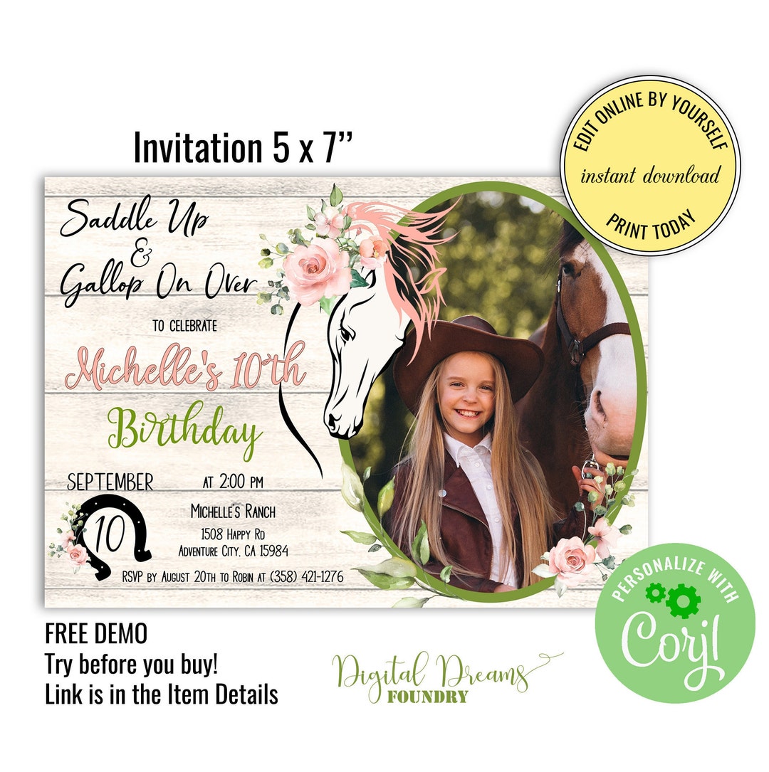 Horse Birthday Invitation Girl Editable Template, Blush Pink Floral ...