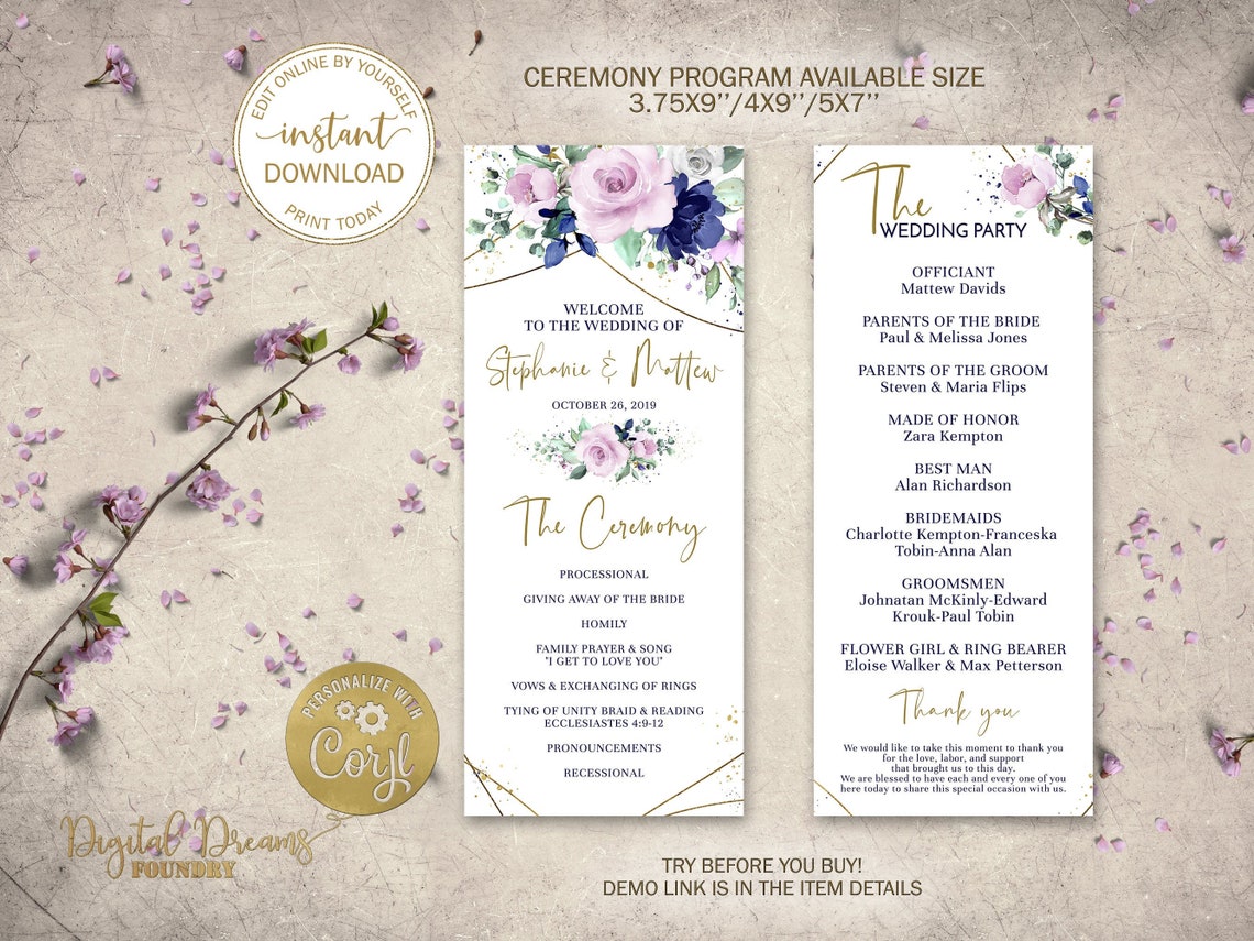 Editable Purple Floral Wedding Program Lavender Navy Blue & - Etsy