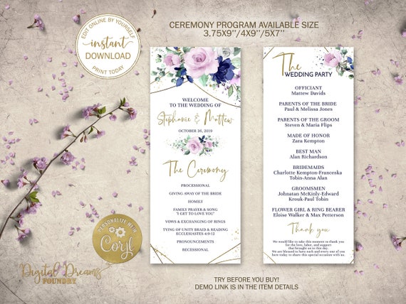 Editable Purple Floral Wedding Program Lavender Navy Blue & | Etsy