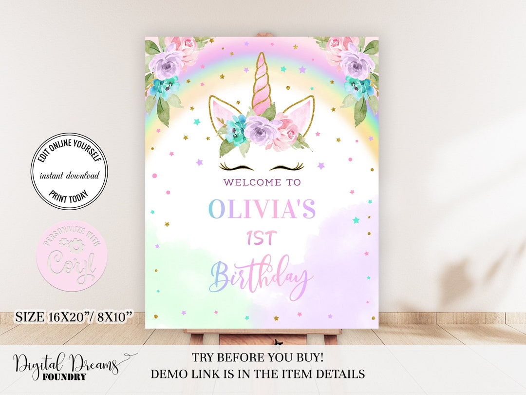 Editable Rainbow Unicorn Welcome Sign, Fairytale 1st Birthday Girl ...