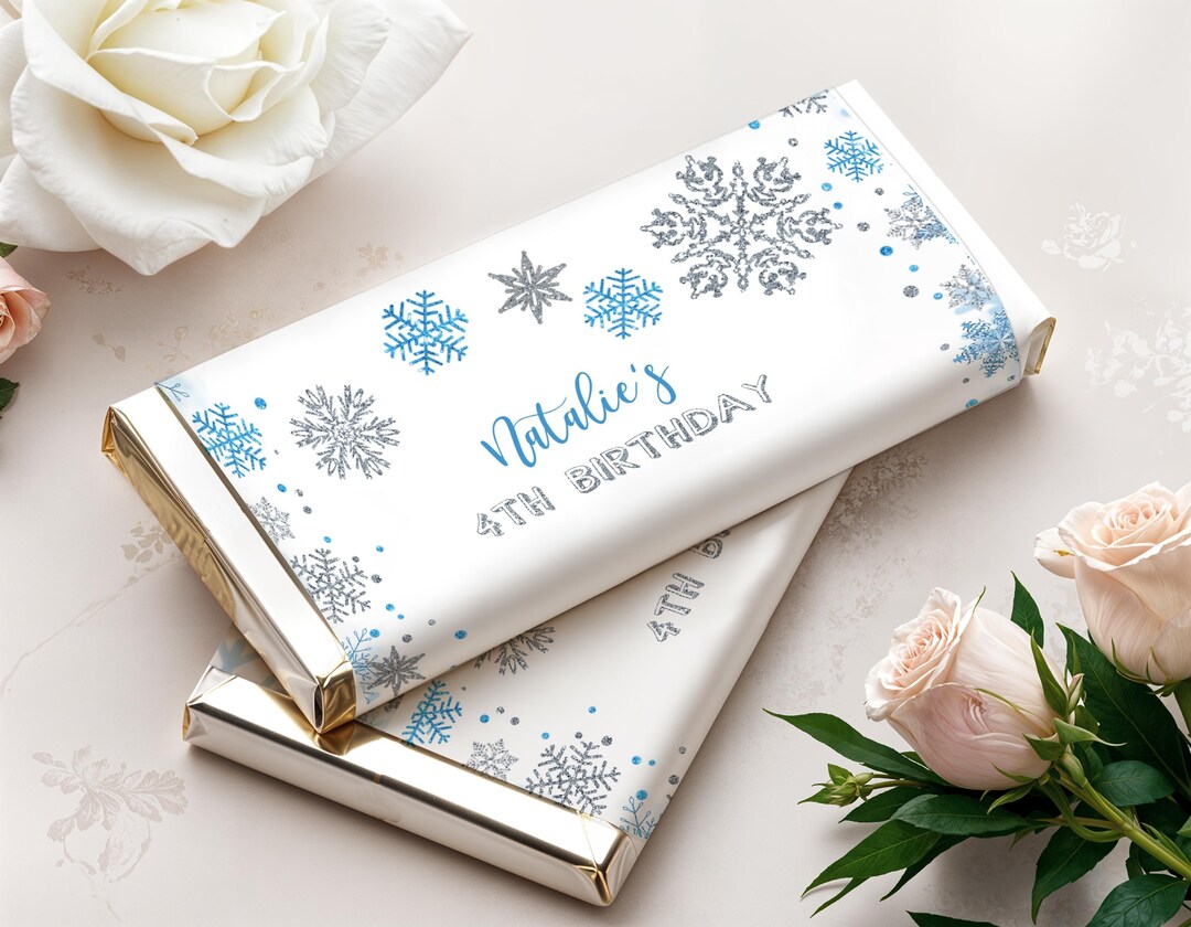 Editable Silver & Blue Snowflake Chocolate Bar Wrapper, Winter ...