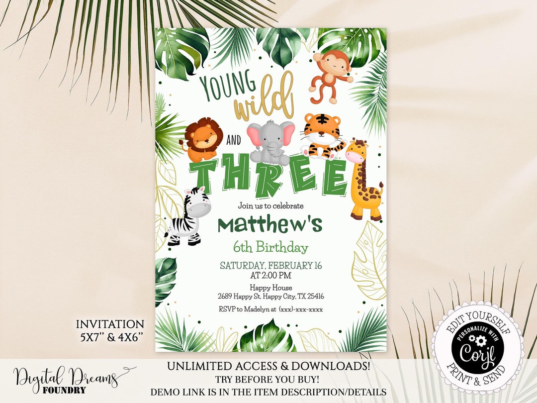 Editable Safari 3rd Birthday Boy Invitation, Jungle Animals Party ...
