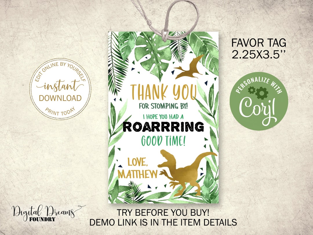 Dinosaur Favor Tag, Dinosaur Thank You Tag, Birthday Gift Tag, Gold ...