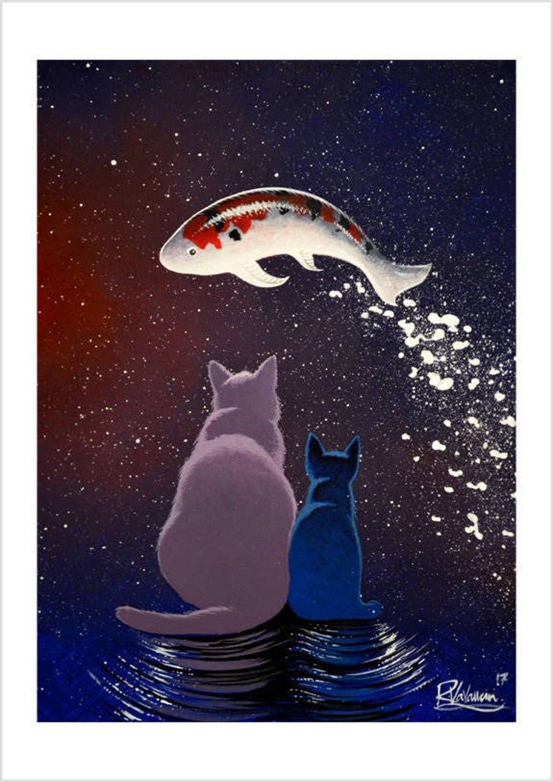 Cosmic Fish by Raphaël-cat Office Decor,dreamy Cat Art,tender Cat Art ...