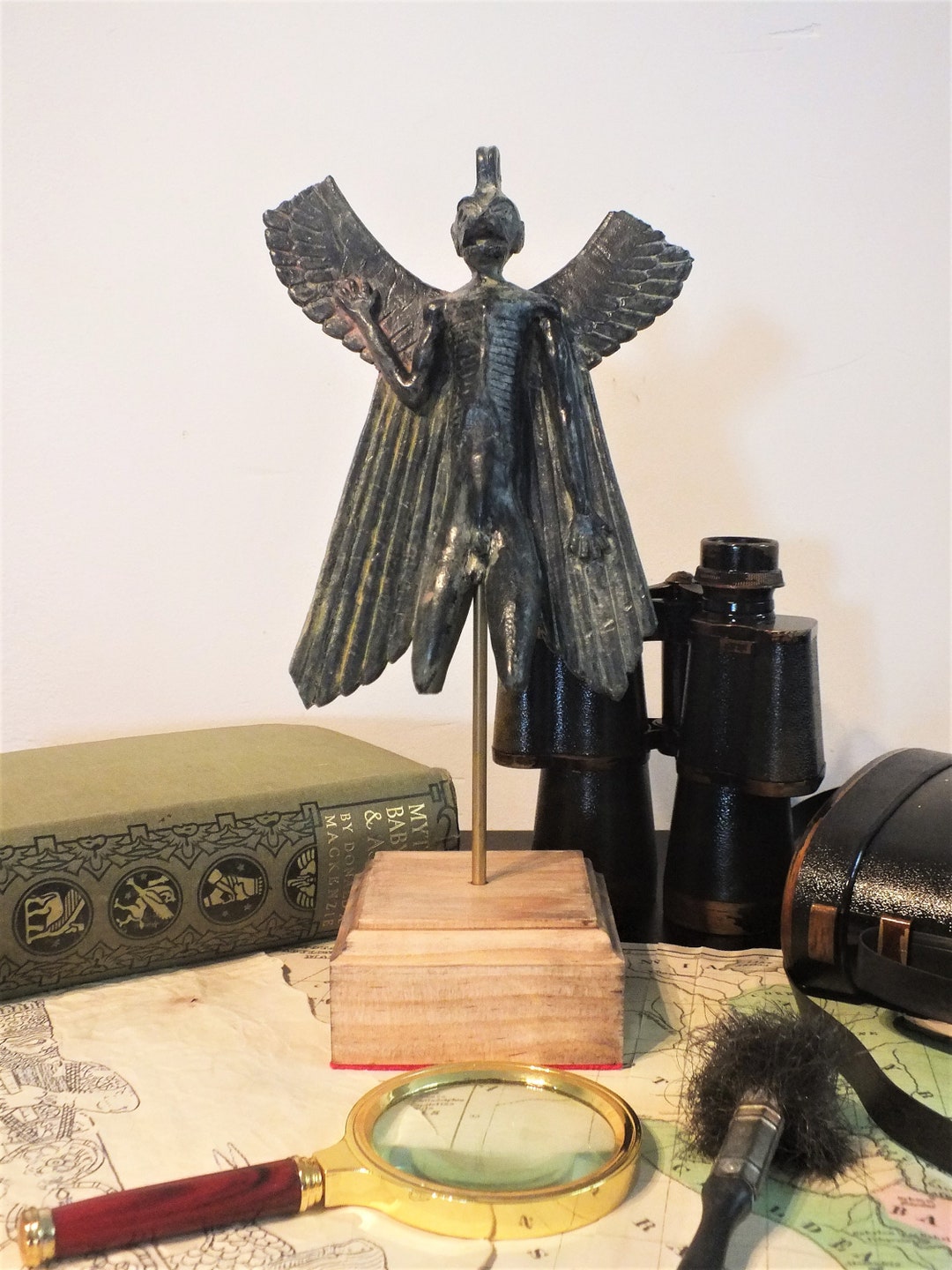 Pazuzu, Obsidian Finish, Wooden Base, Demon Sculpture, Historical ...