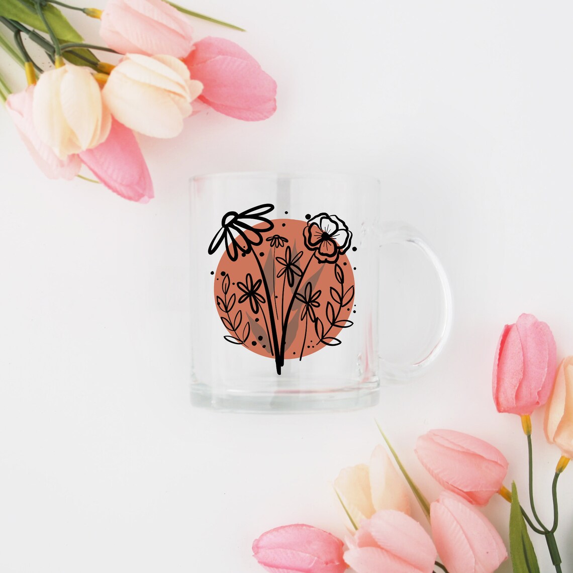 Modern Flower and Leaves Glass Mug 10 Oz. Coffee Mug | Etsy