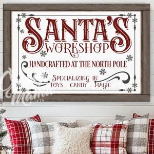 Farmhouse Christmas Sign, Santa's Workshop Christmas Wall Art, Santa Claus Holiday Canvas Art ...
