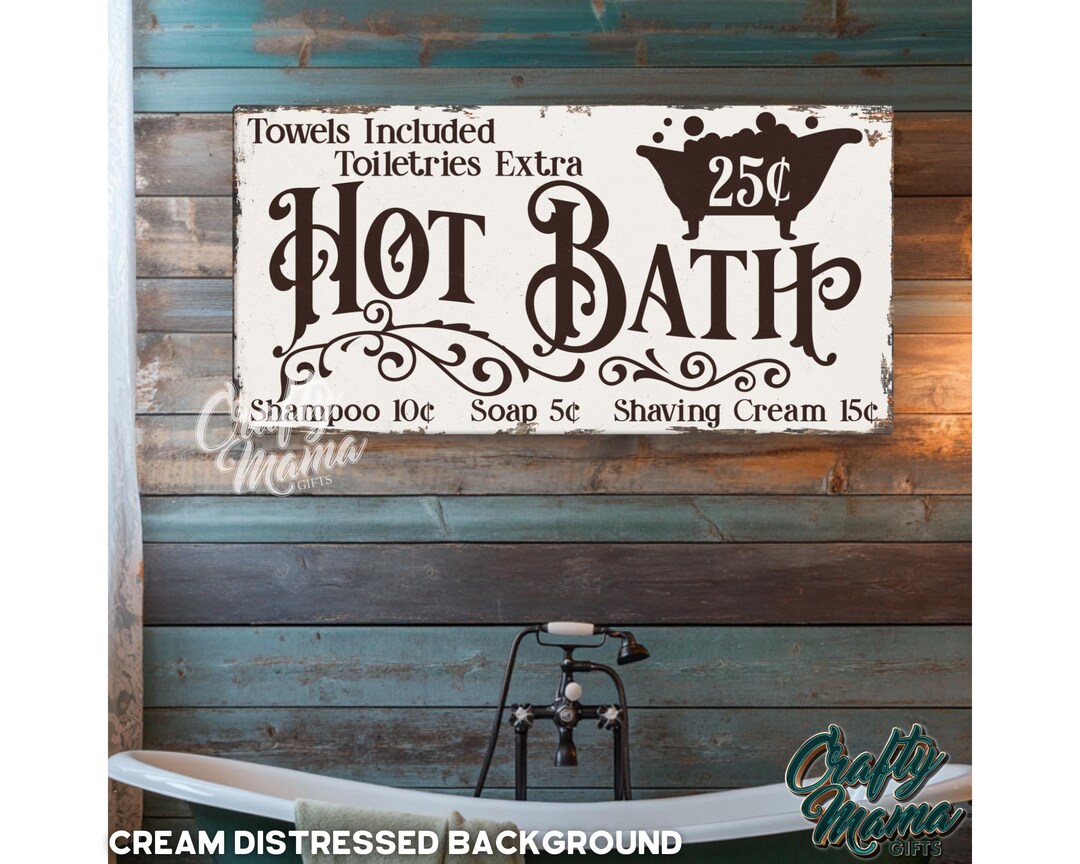 Vintage Hot Bath Sign, Retro Bath Decor Canvas, Old Fashioned Bathroom ...