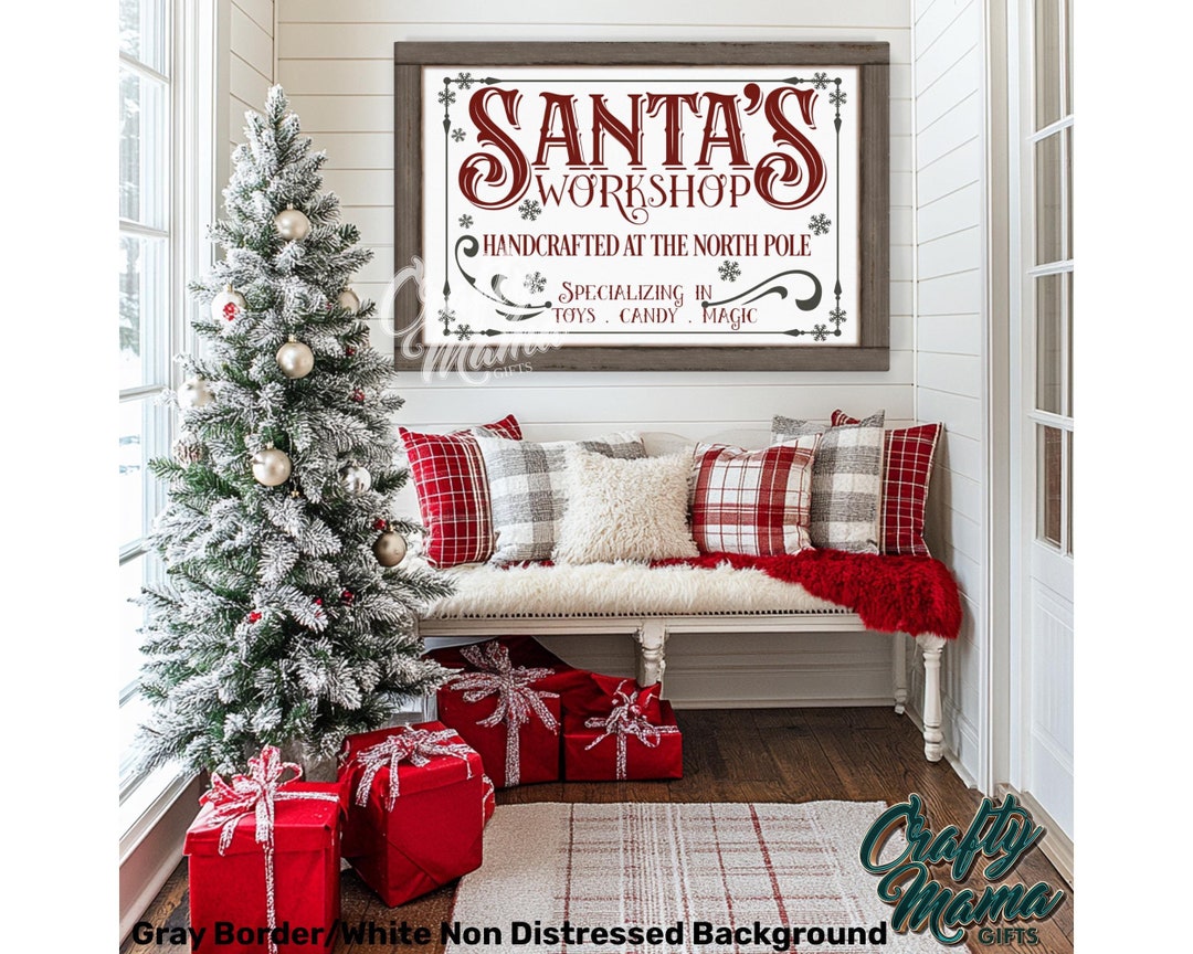 Farmhouse Christmas Sign, Santa's Workshop Christmas Wall Art, Santa Claus Holiday Canvas Art ...
