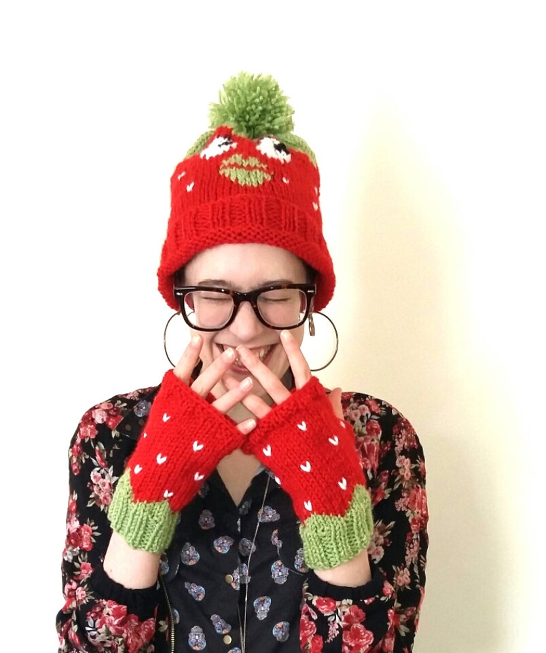 Strawberry Hat. Hand Knitted Red and Green Strawberry Bobble Hat - Etsy