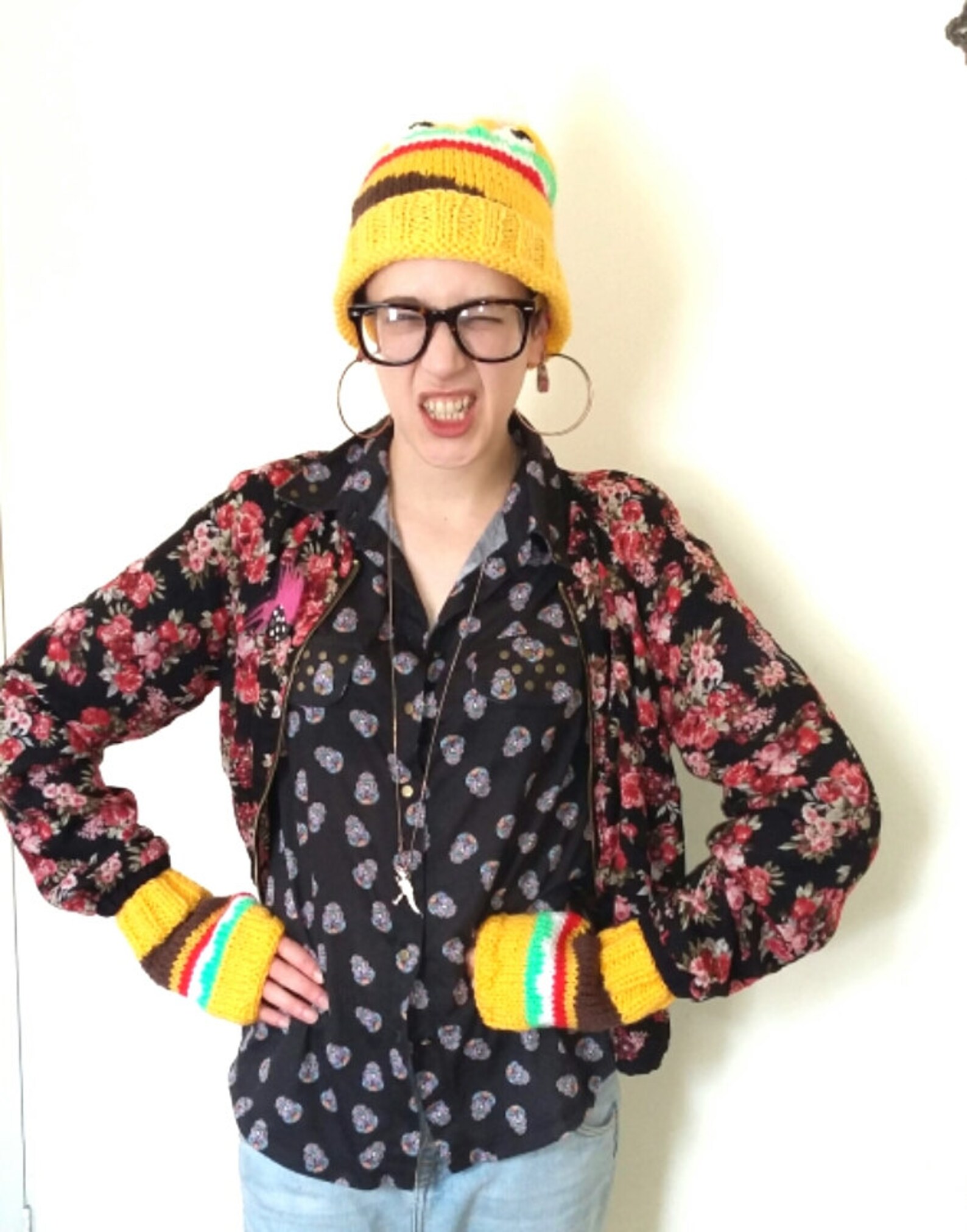 Burger Hat. Hand Knitted Yellow, Brown, White, Red and Green Hamburger ...