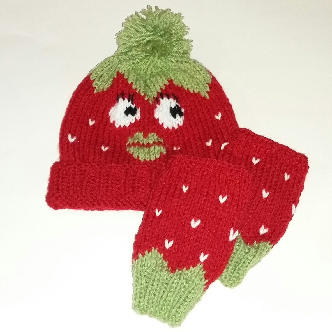 Strawberry Hat. Hand Knitted Red and Green Strawberry Bobble Hat - Etsy