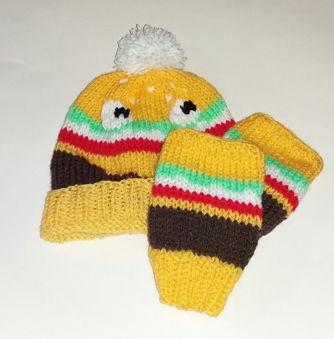 Burger Hat. Hand Knitted Yellow, Brown, White, Red and Green Hamburger ...