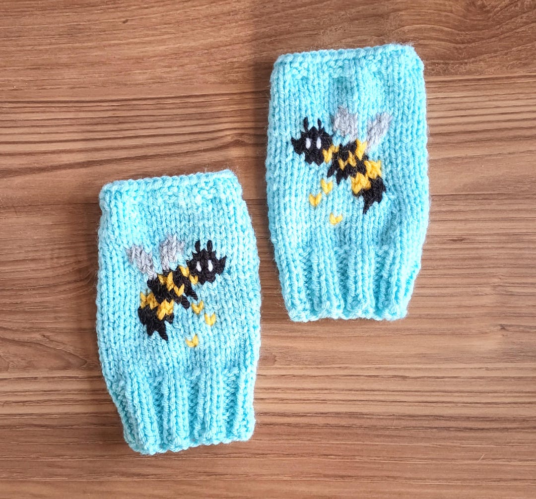 Bee Mittens. Handmade Chunky Knit Blue Black and Yellow Handwarmers ...