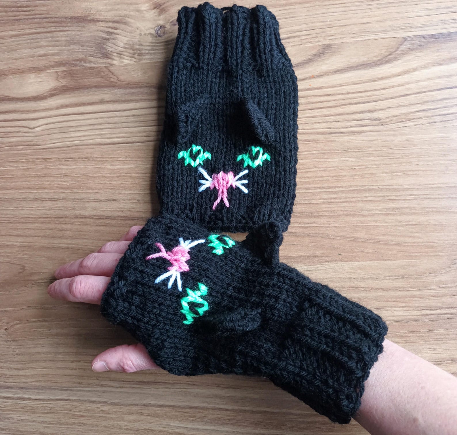 Cat Mittens. Handmade Chunky Knit Black Handwarmers/gloves - Etsy