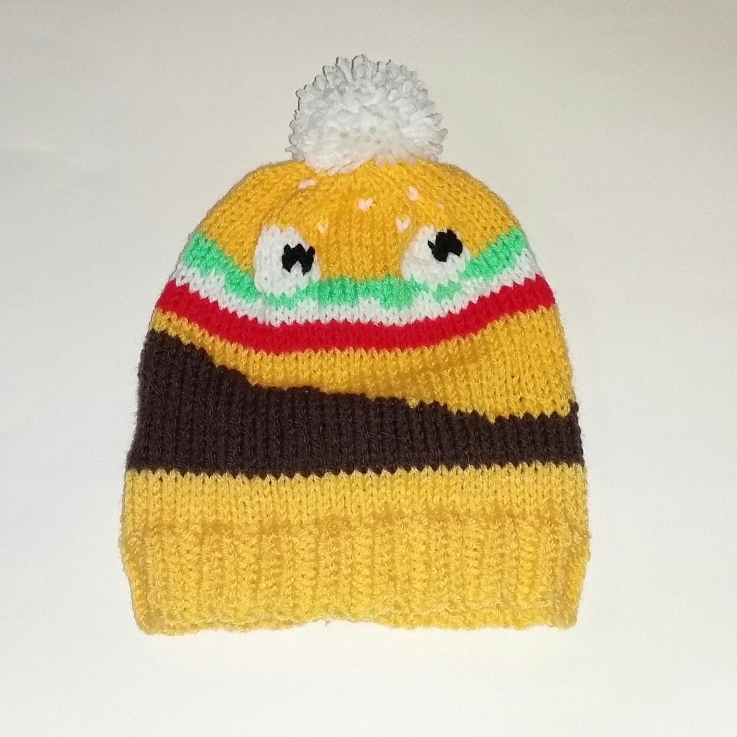 Burger Hat. Hand Knitted Yellow, Brown, White, Red and Green Hamburger ...