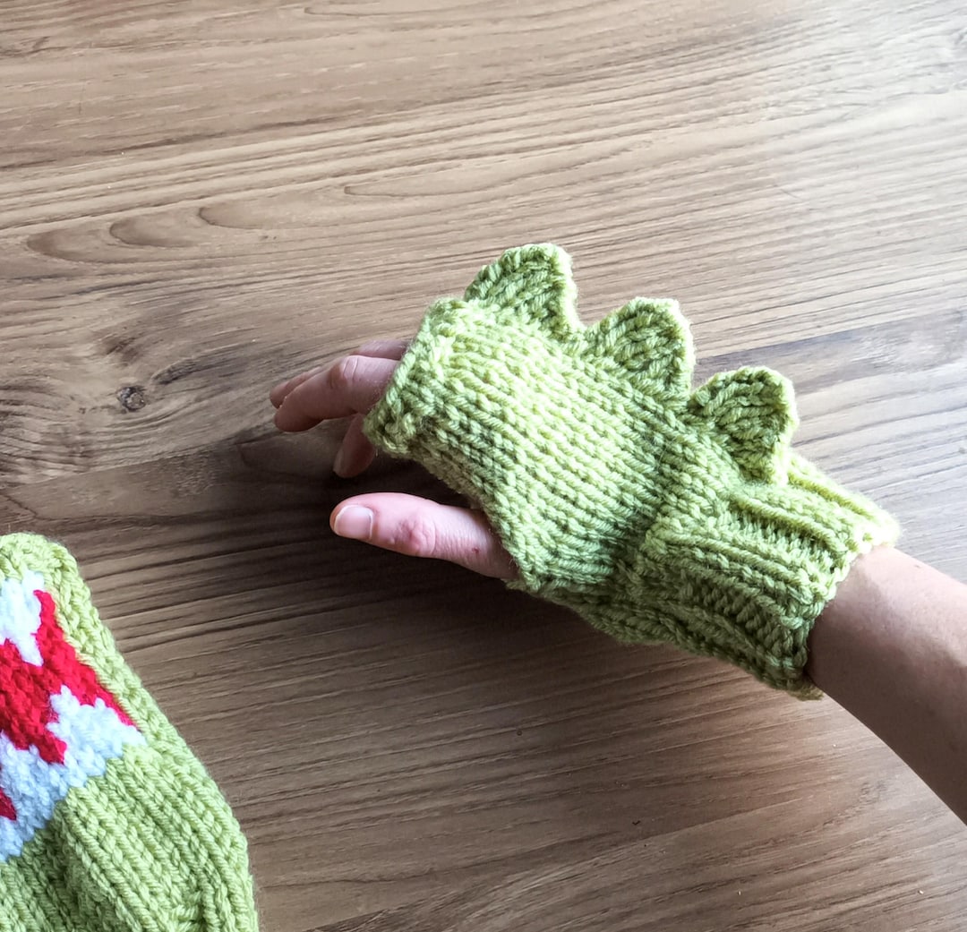 Dinosaur Mittens. Hand Knitted Green Dino Mittens/fingerless Gloves ...
