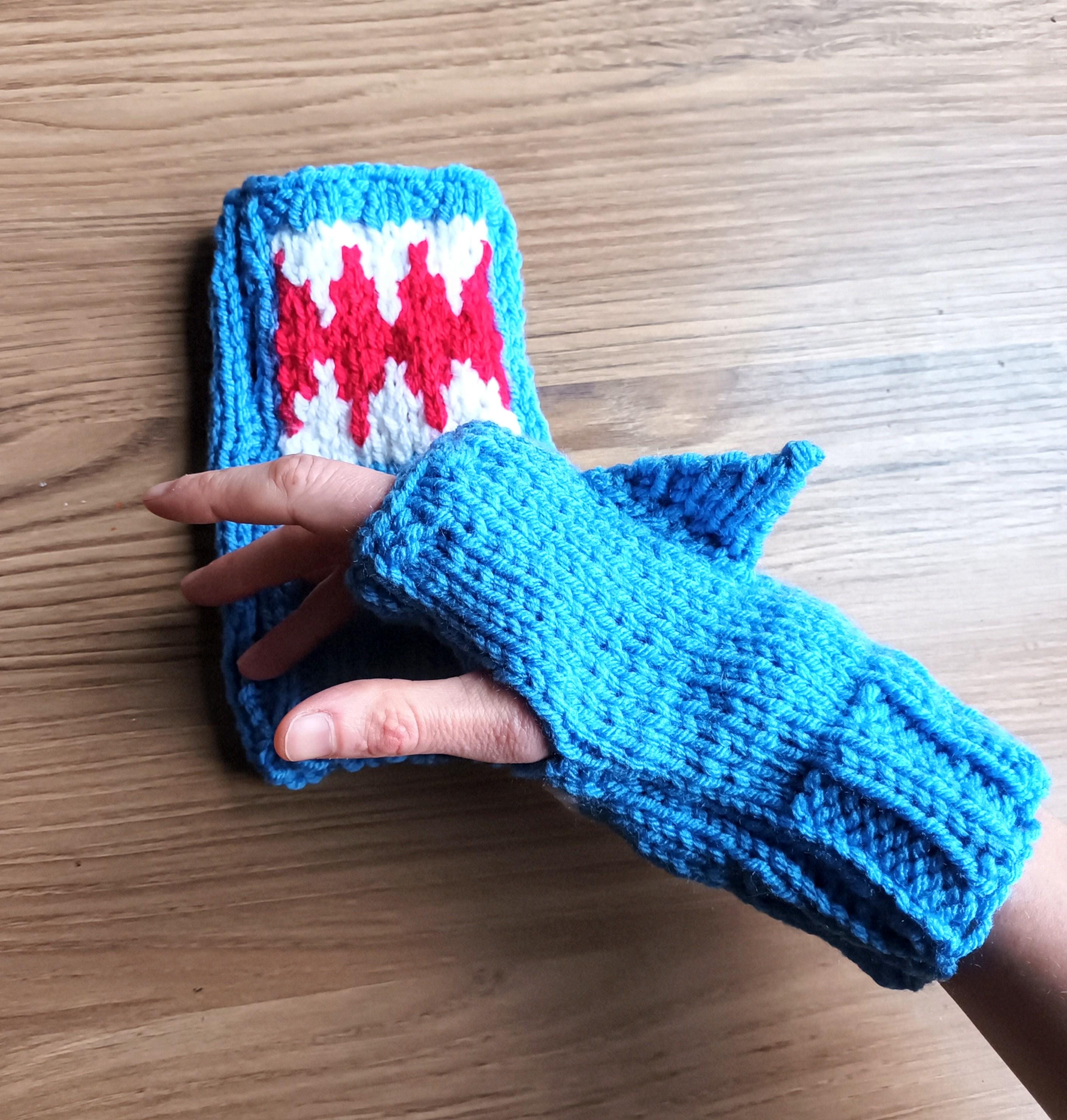 Shark Mittens. Hand Knitted Blue Shark Mittens/fingerless Gloves With ...