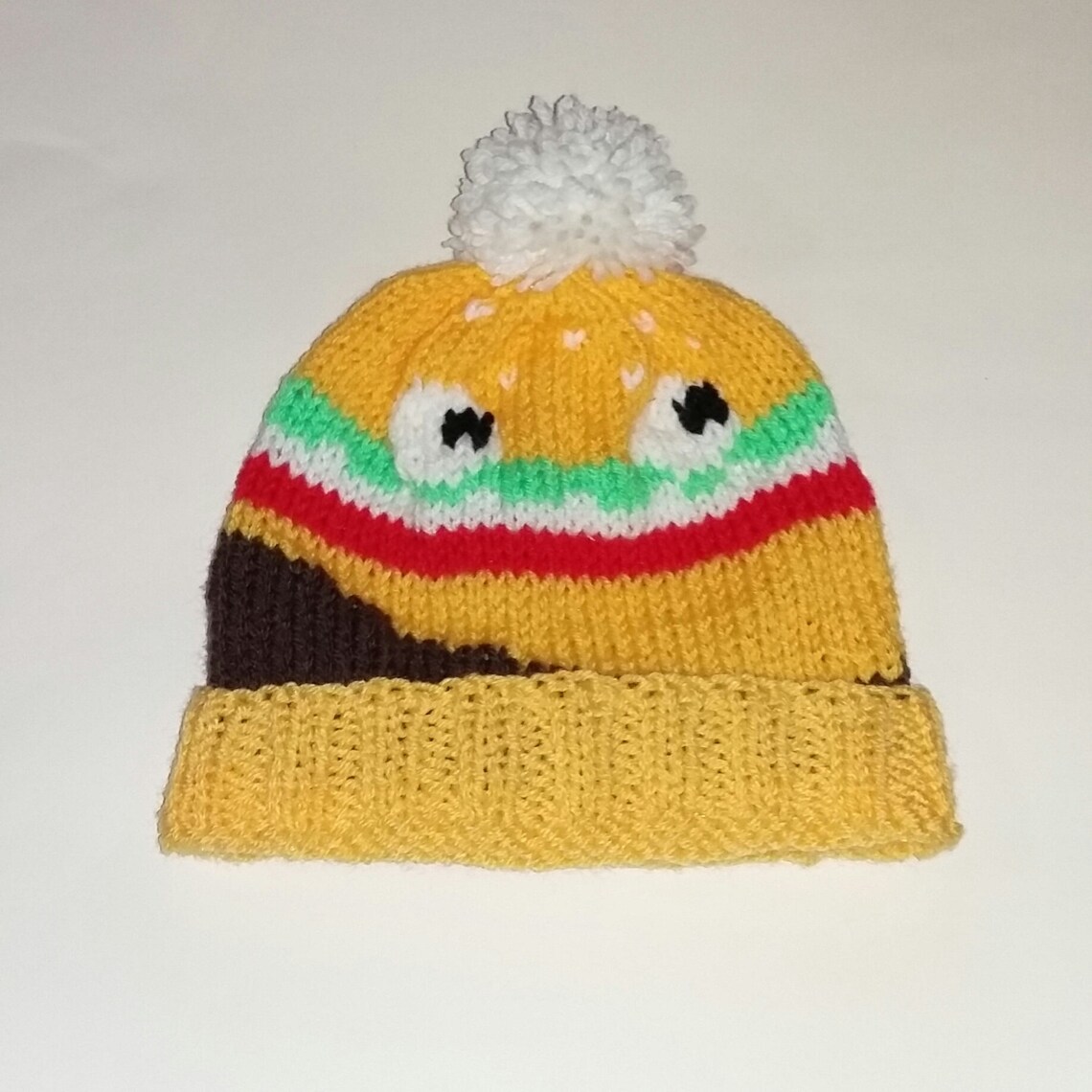 Burger Hat. Hand Knitted Yellow, Brown, White, Red and Green Hamburger ...