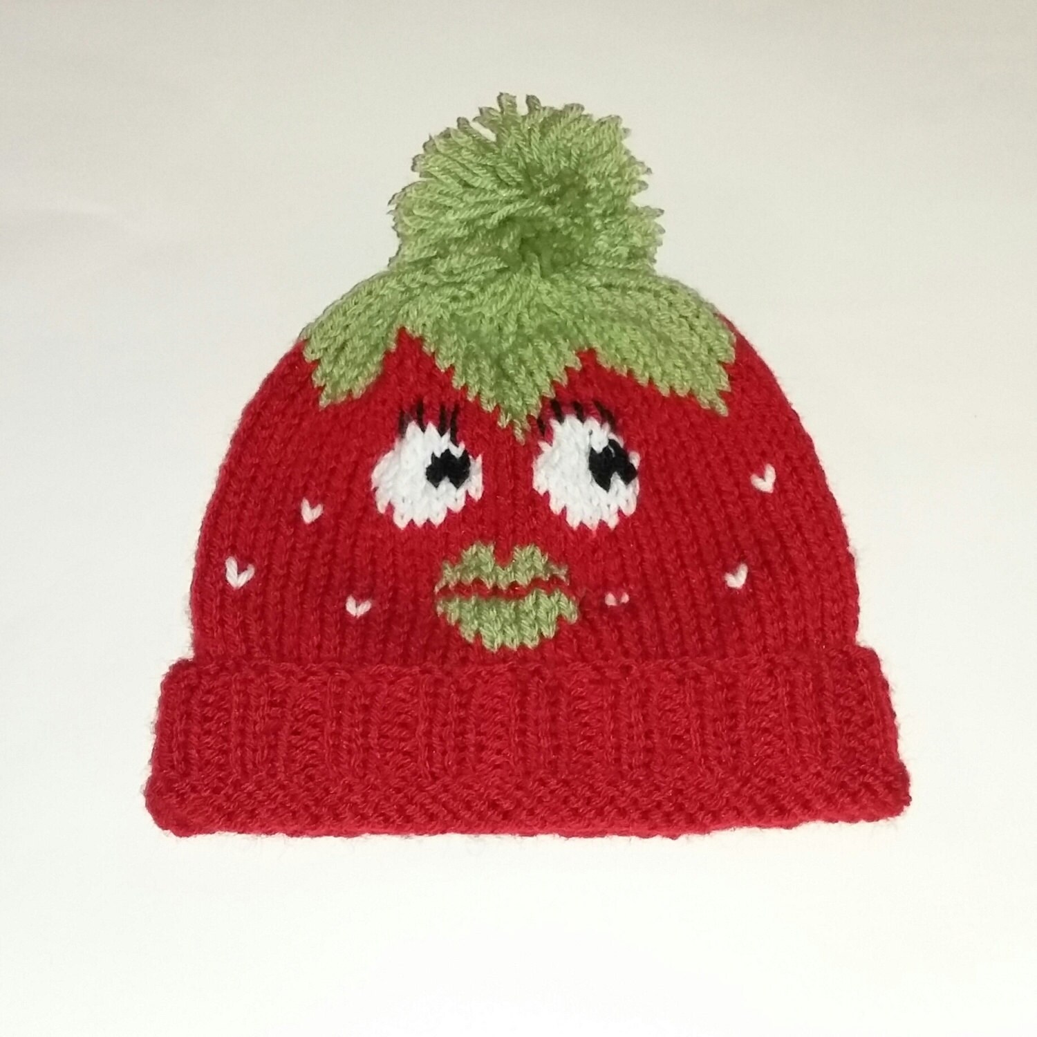 Strawberry Hat. Hand Knitted Red and Green Strawberry Bobble Hat - Etsy