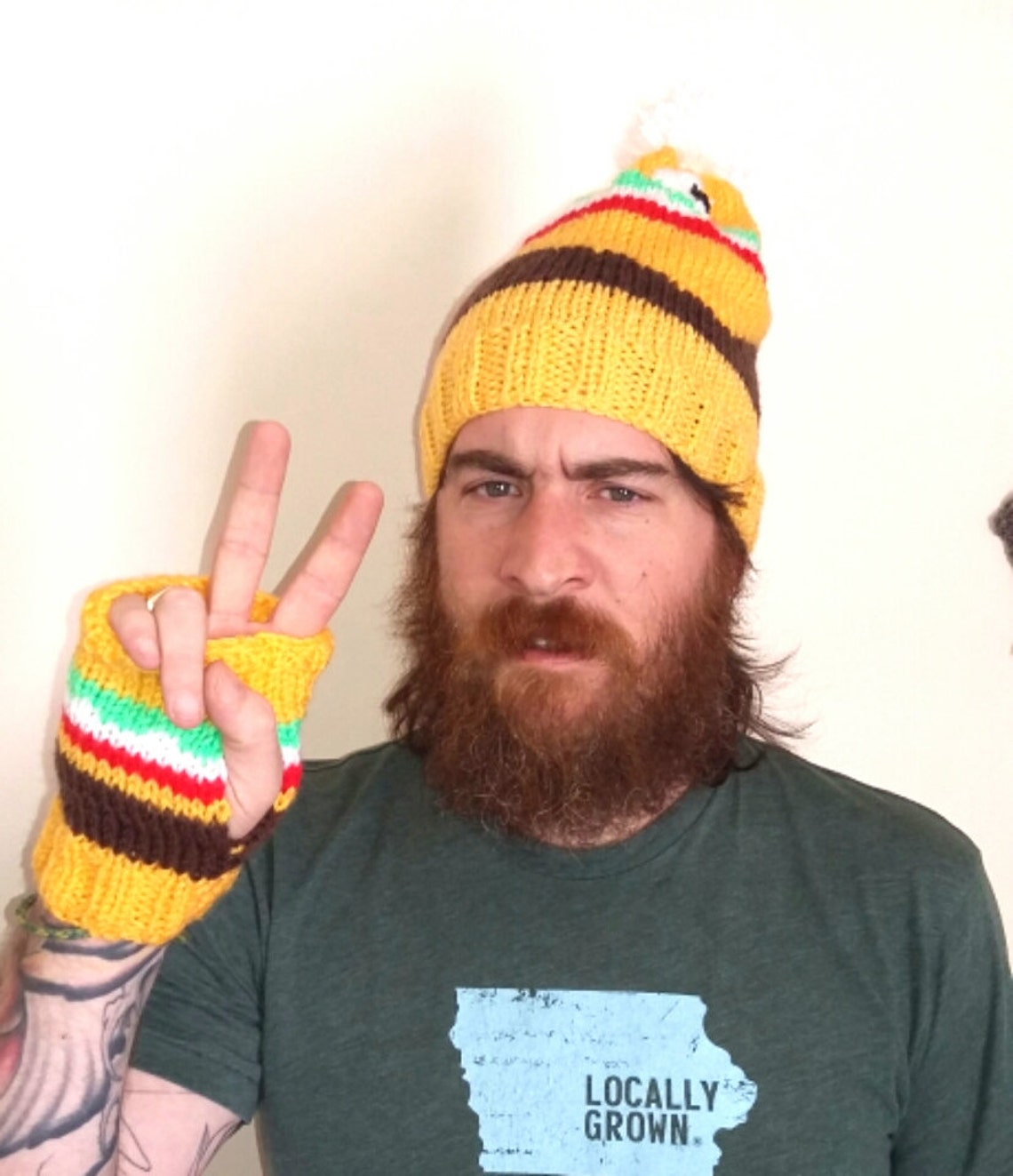 Burger Hat. Hand Knitted Yellow, Brown, White, Red and Green Hamburger ...