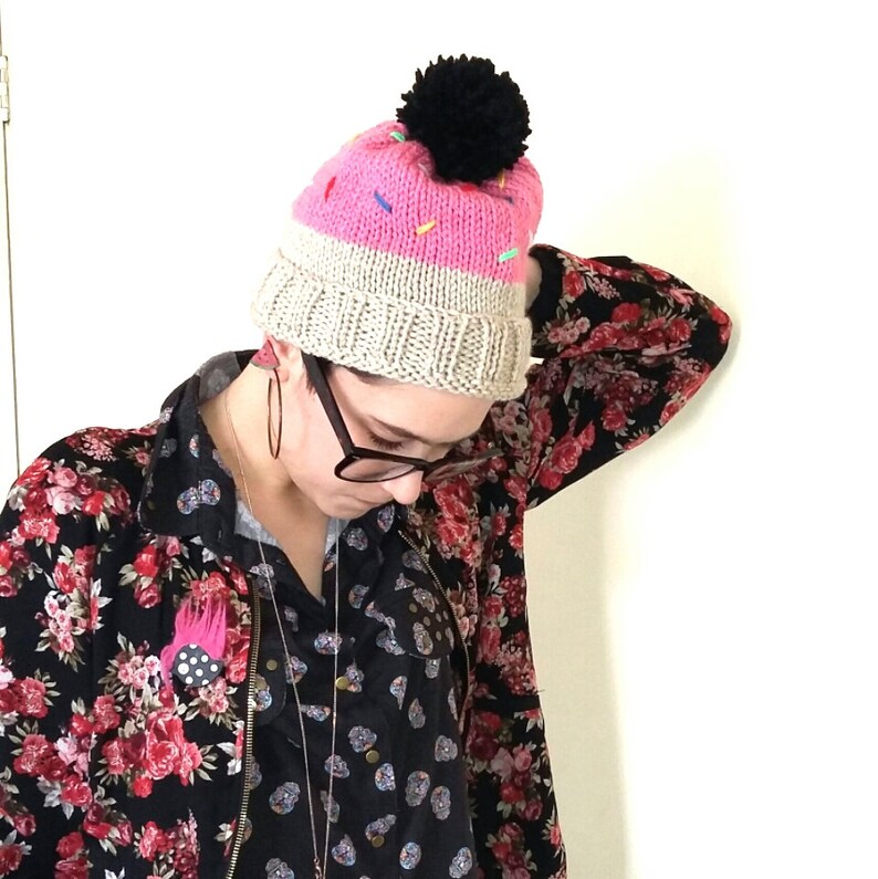 Donut Hat. Hand Knitted Donut Bobble Hat With Pink Icing and - Etsy