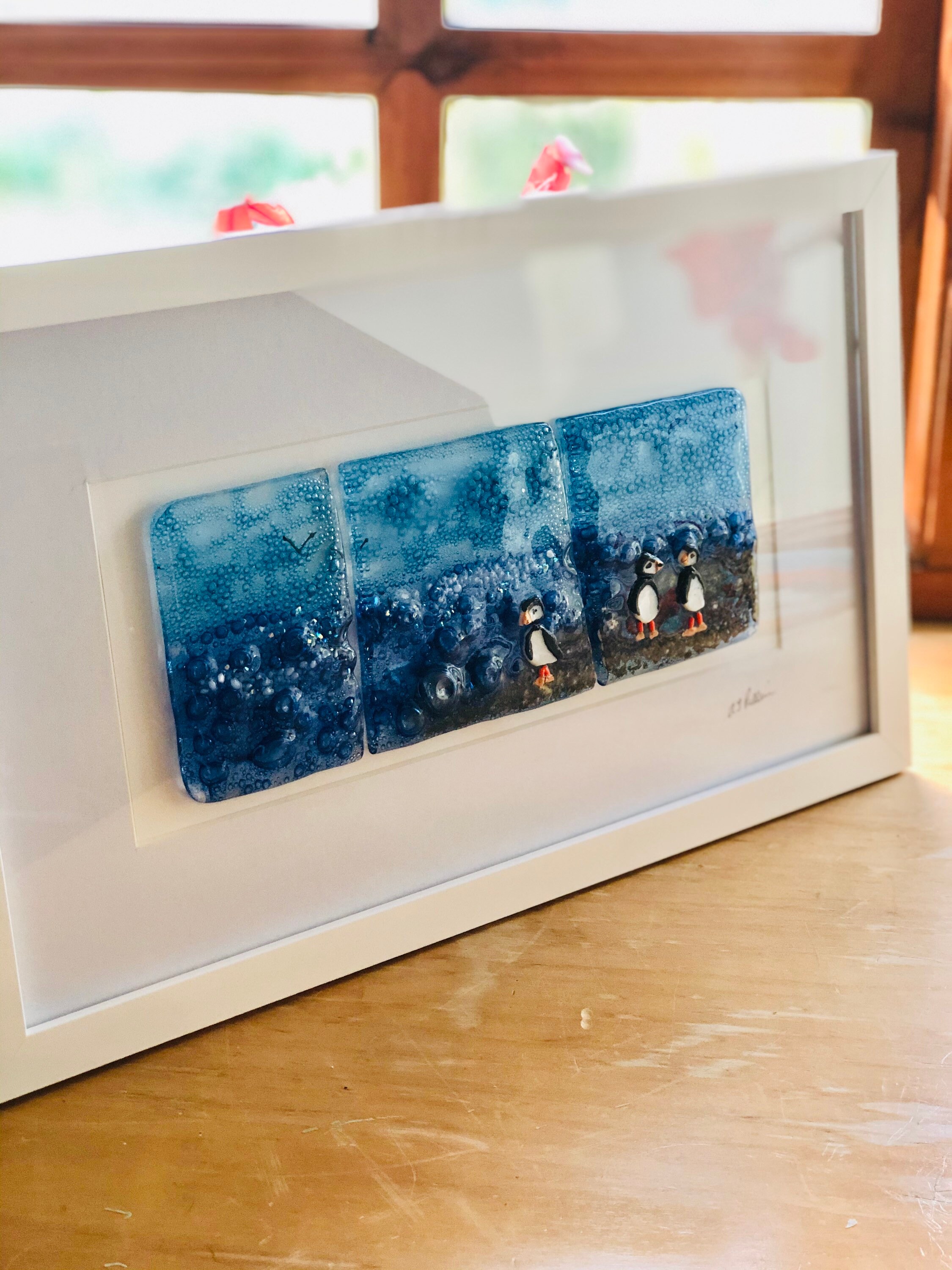 Puffin Glass Picture - Triptych Fused Glass, puffin gifts, blue glass ...