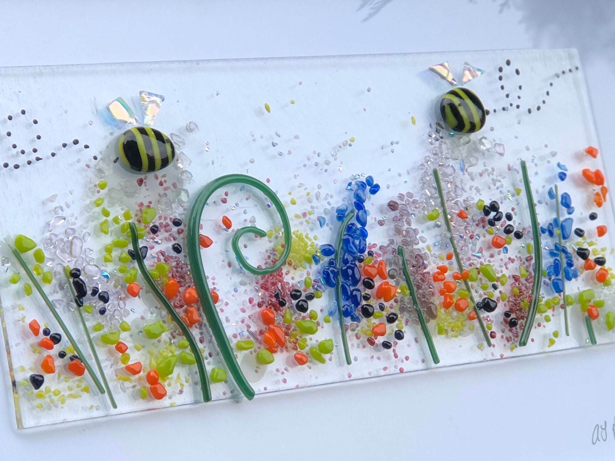 Happy Bee Garden - Fused Glass Picture - gifts, homedecor, cute ...