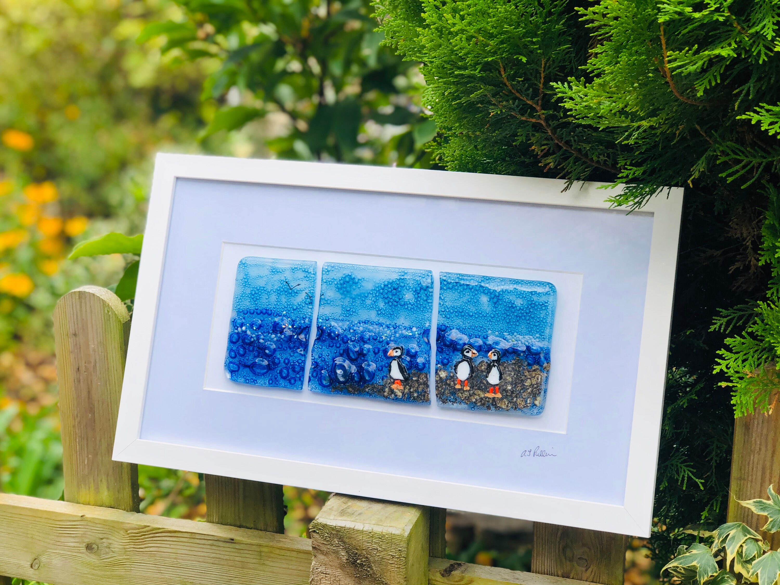 Puffin Glass Picture - Triptych Fused Glass, puffin gifts, blue glass ...