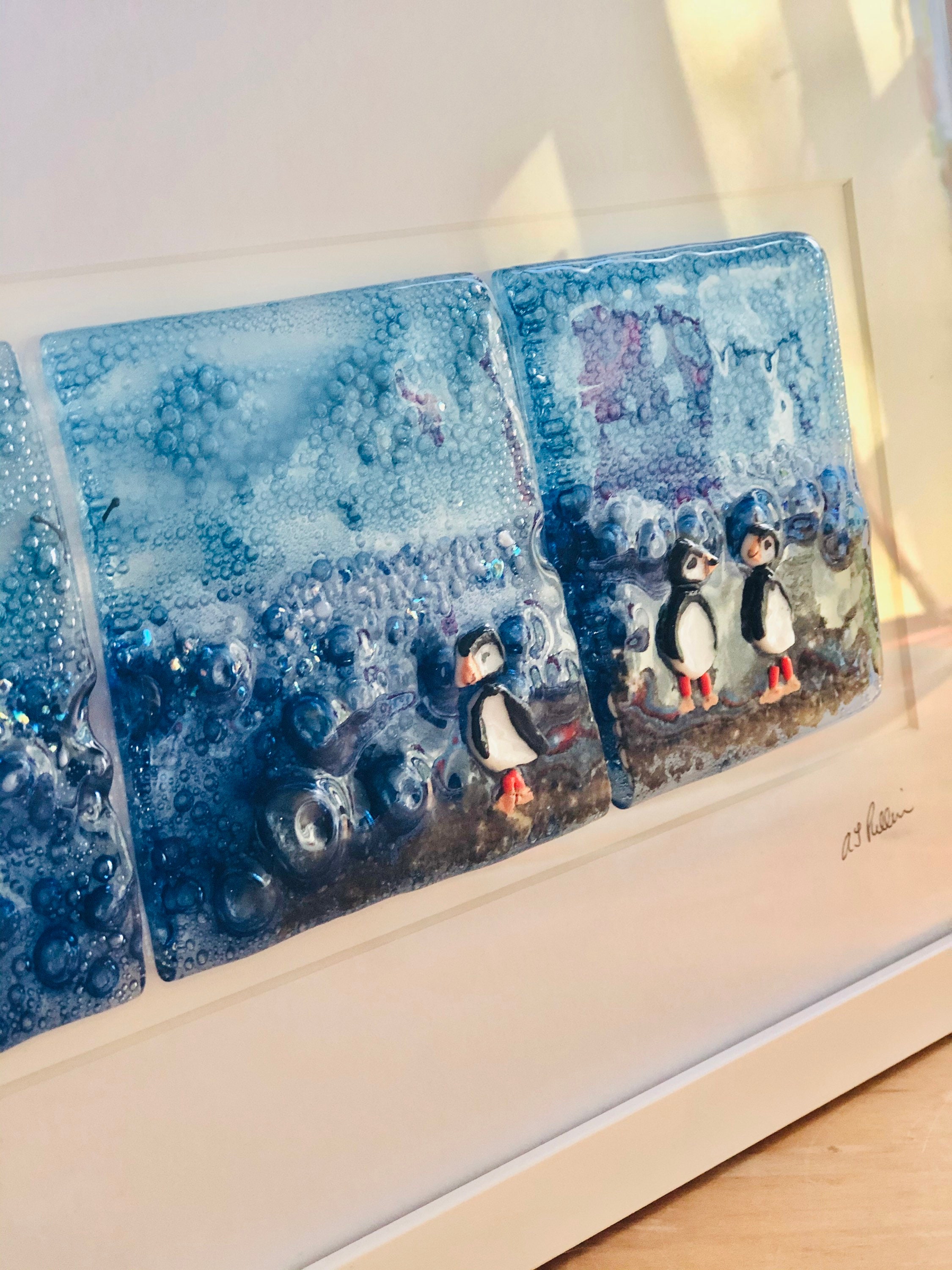 Puffin Glass Picture - Triptych Fused Glass, puffin gifts, blue glass ...