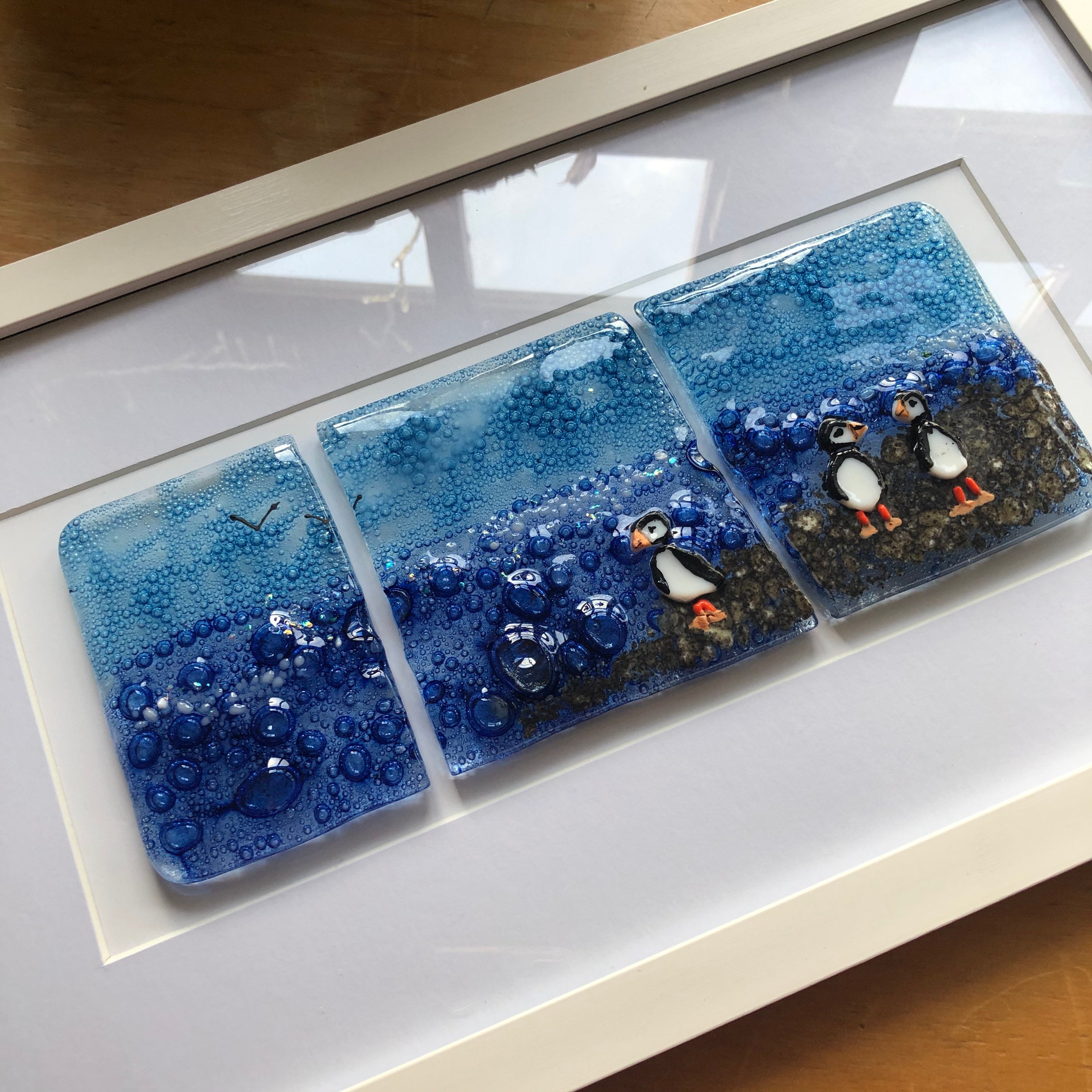 Puffin Glass Picture - Triptych Fused Glass, puffin gifts, blue glass ...