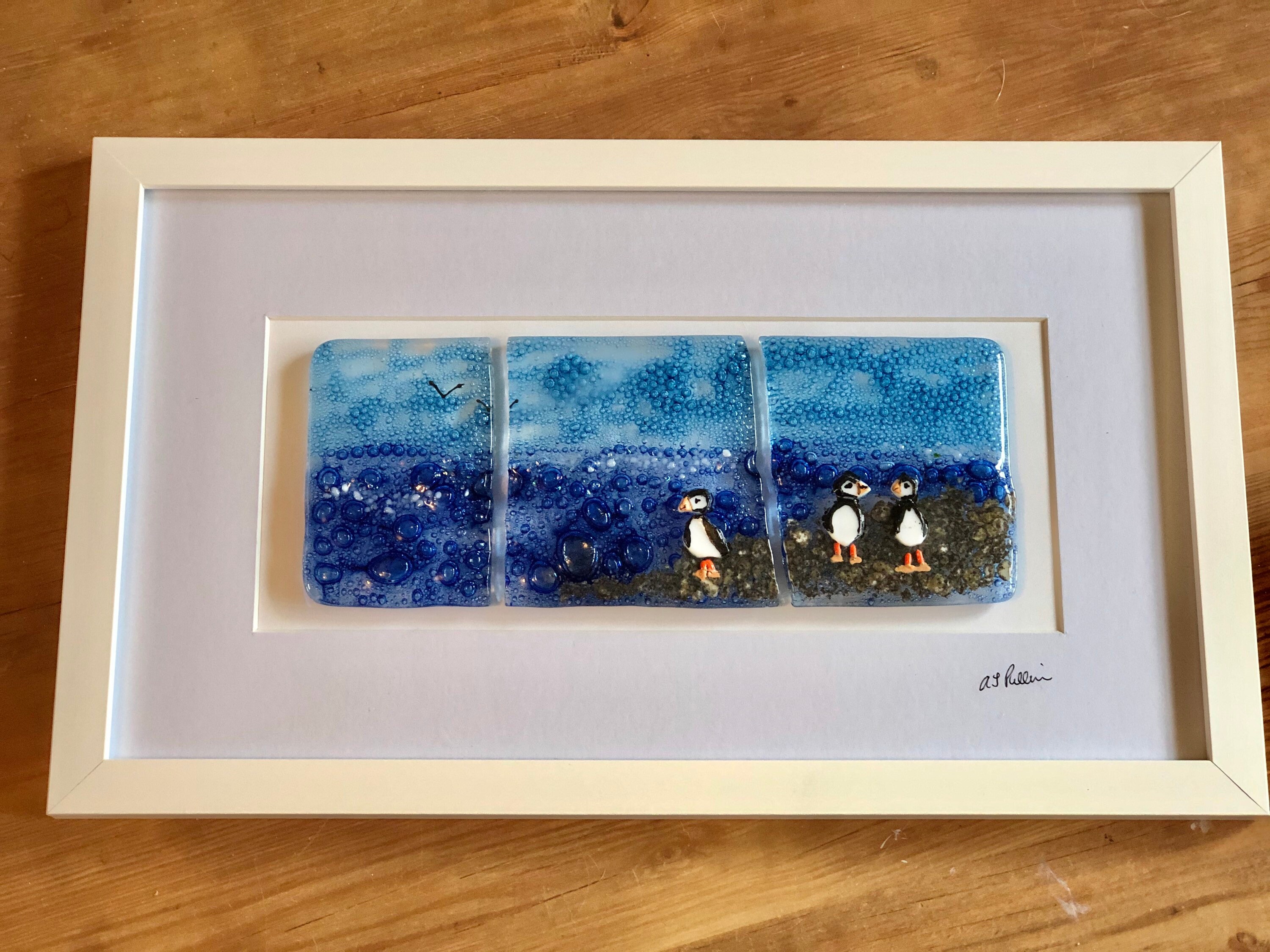 Puffin Glass Picture - Triptych Fused Glass, puffin gifts, blue glass ...