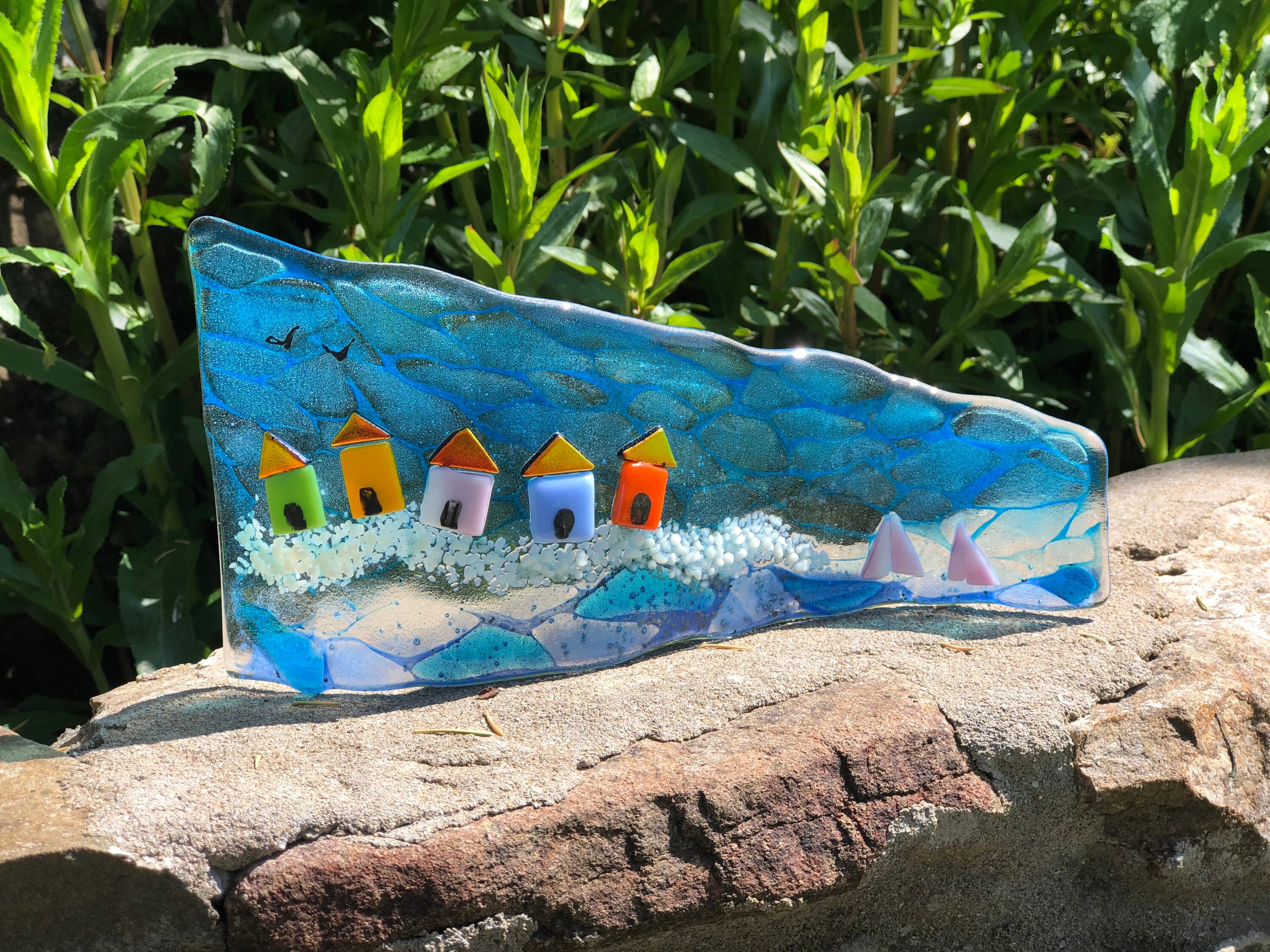Fused Glass Beach Hut Curve Panel - gifts, birthday, handmade ...