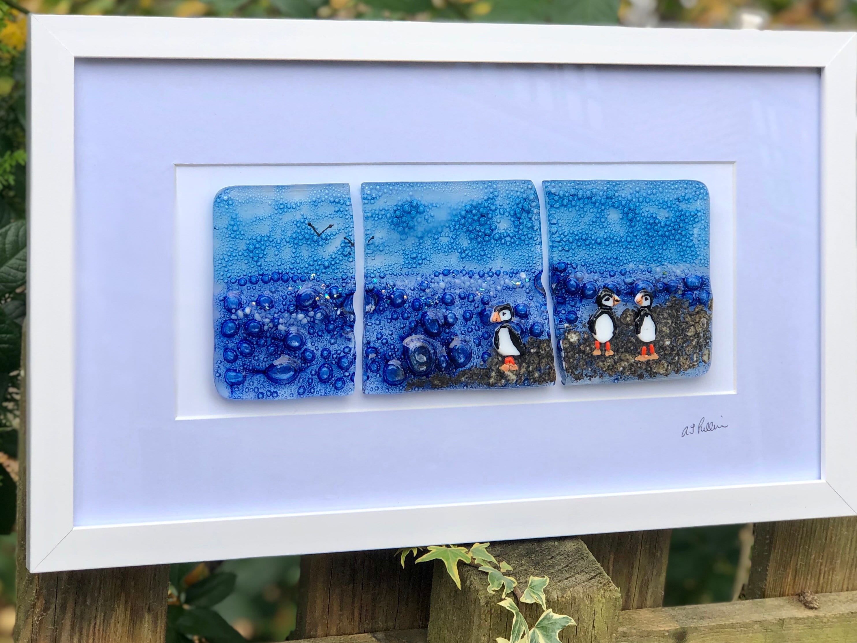 Puffin Glass Picture - Triptych Fused Glass, puffin gifts, blue glass ...